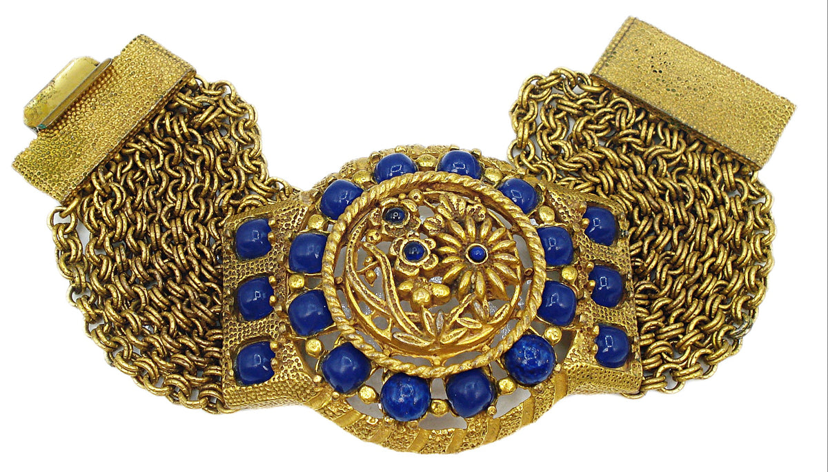 LUCIEN PICCARD Bracelet Multi Gold Tone Chains Glass Lapis Cabs Floral ...