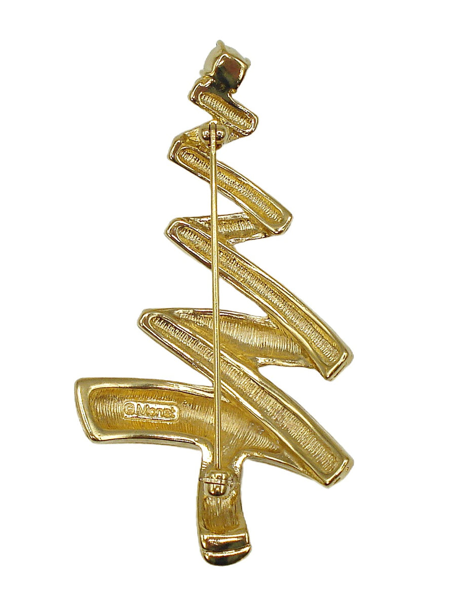 Monet Christmas Tree Brooch Zig Zag Mod Gold Tone Crystal Rhinestones ...